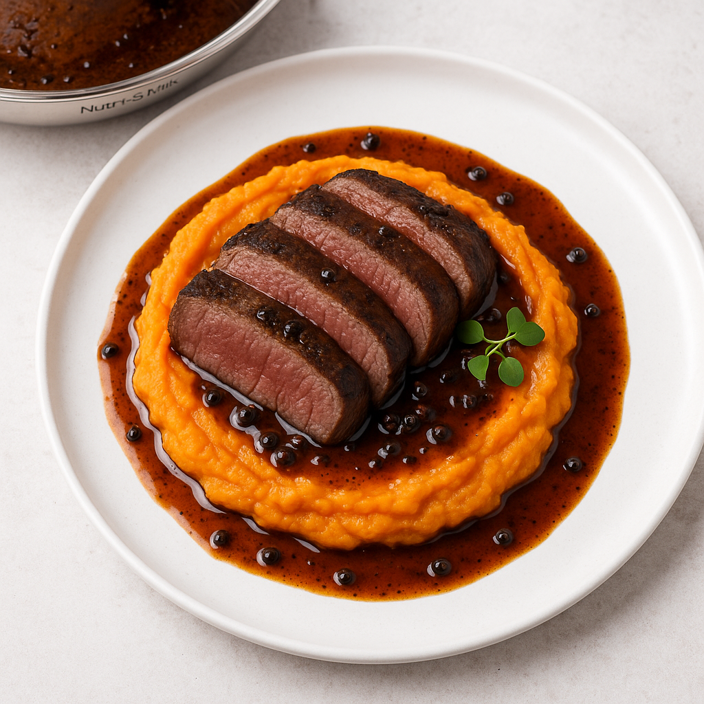 Kangaroo Fillet with Wattleseed & Pepperberry Glaze on Sweet Potato Ma ...